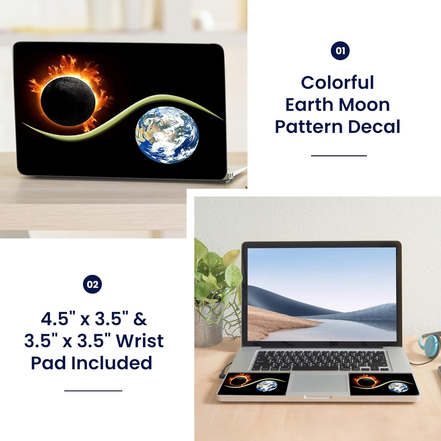 Earth & Moon Laptop Skin Decal with 2 Matched Graphical Wrist Padded ...