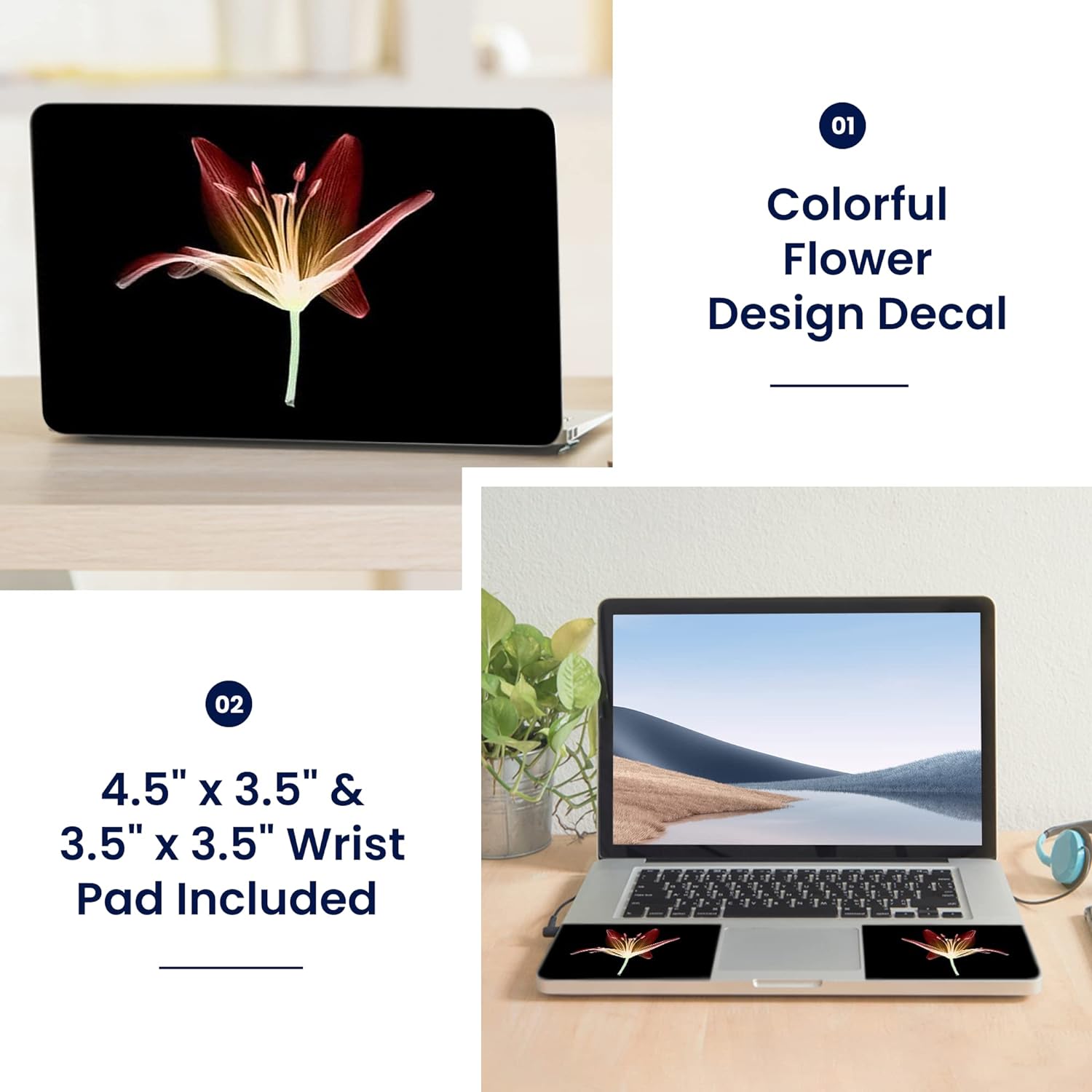 Flower Laptop Skin Decal with 2 Matched Graphical Wrist Padded Sticker ...