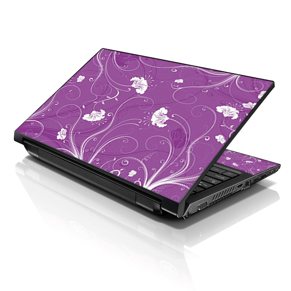 White on Purple Floral Laptop Skin Decal with 2 Matched Graphical Wrist ...