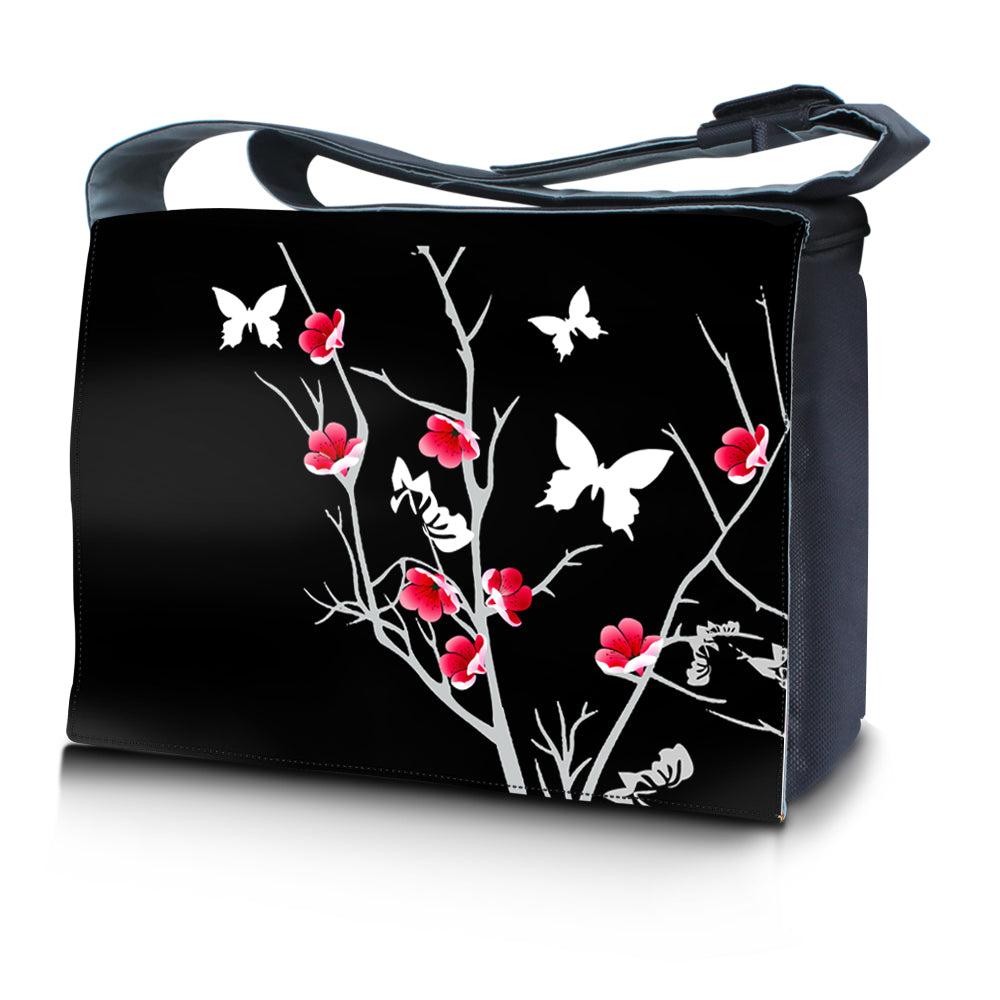 Black Red Flowers Butterfly Laptop Messenger Bag Carrying Case – Laptop ...